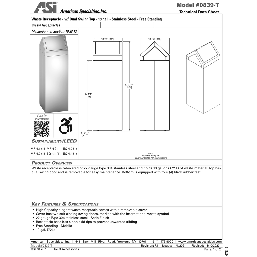 ASI 0839-T Commercial Restroom Waste Receptacle, 19 Gallon, Free ...
