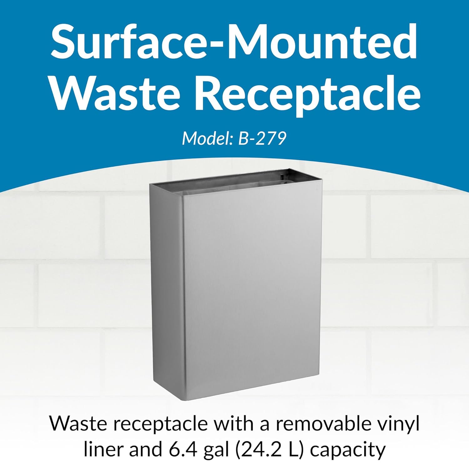 Bobrick B-279 Commercial Restroom Trash Can, 6.4 Gallon, Surface ...