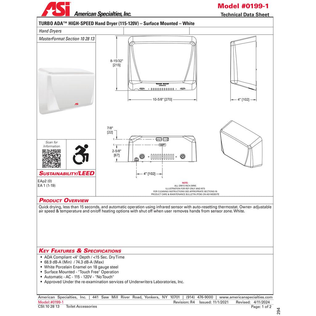 ASI 0199-1-00 TURBO ADA - Automatic High-Speed Hand Dryer (115-120V ...