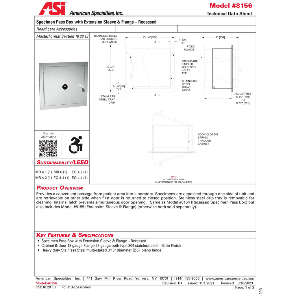 ASI 8156 Specimen Pass Through Box - includes Extension Sleeve & Flange ...