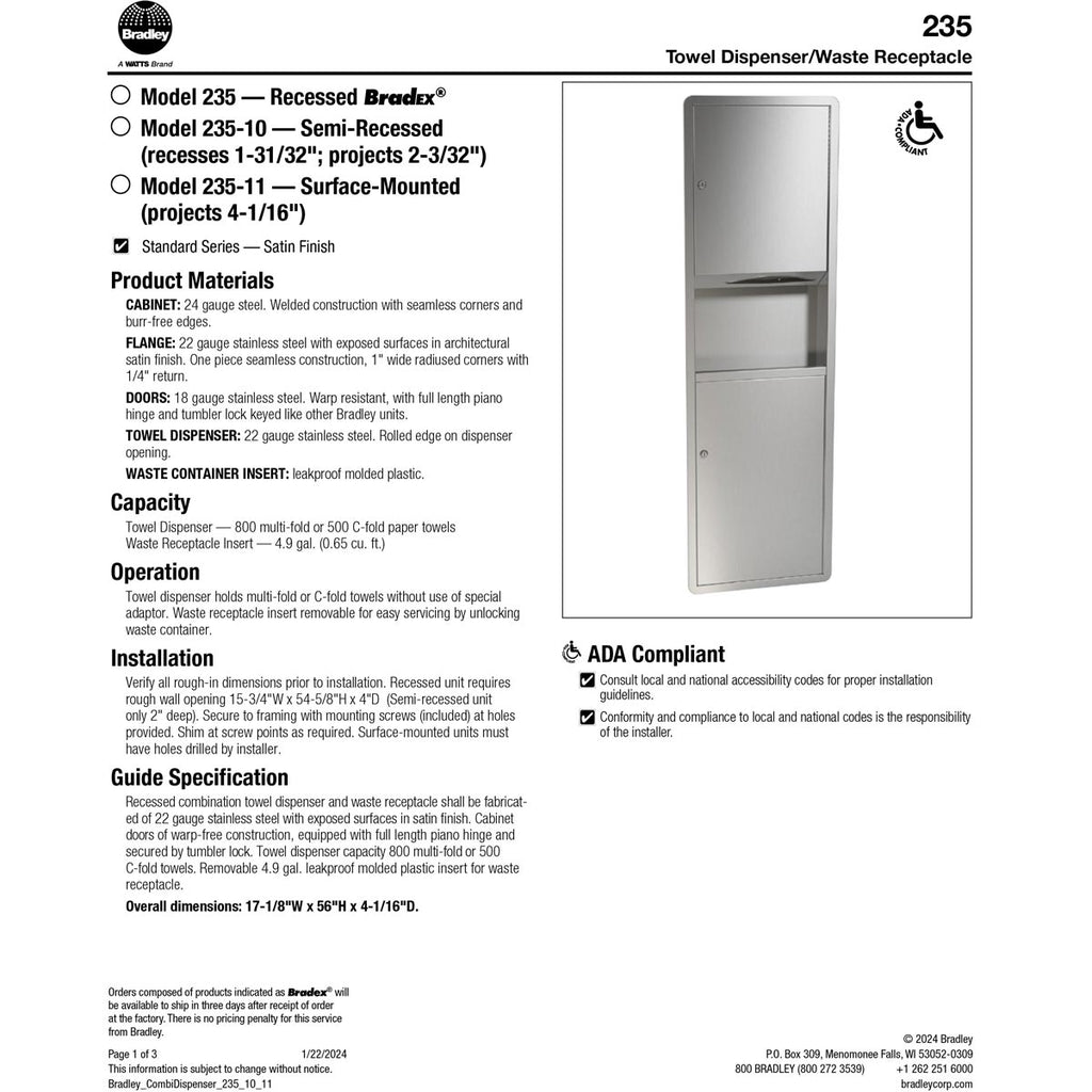 Bradley 235-11 Commercial Paper Towel Dispenser/Waste Receptacle ...