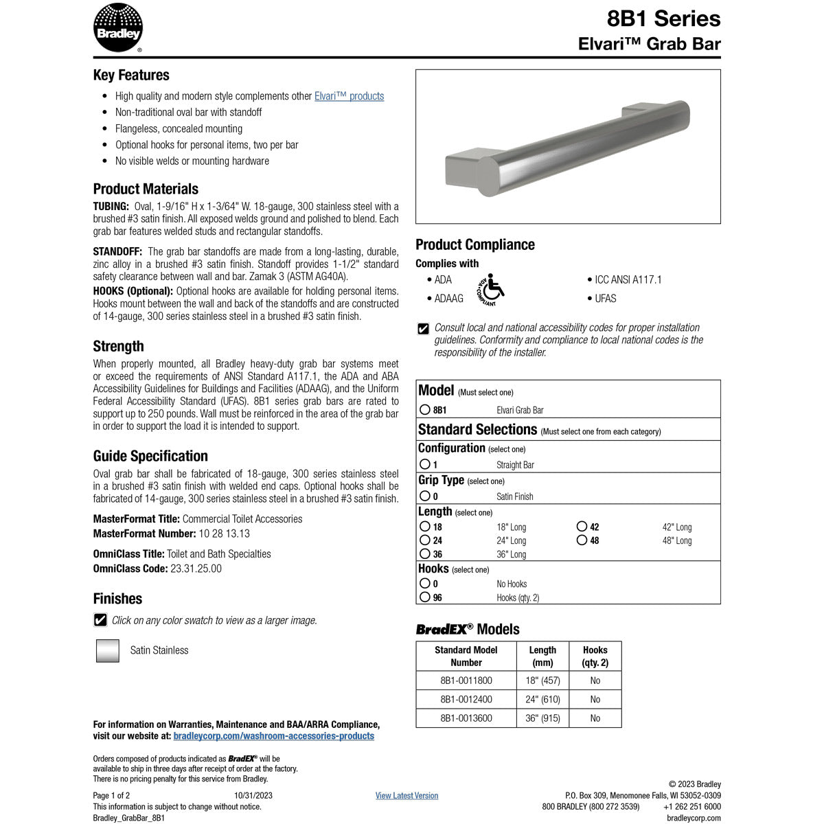 Bradley Elvari Series Grab Bar Oval, Stainless Satin, 18" - 8B1-0011800 ...