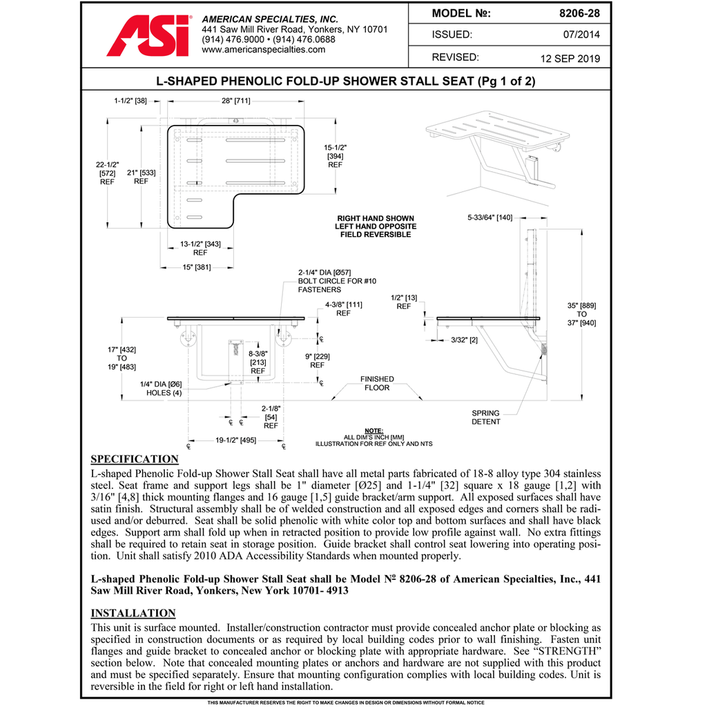 ASI 8206-L-28 Folding Shower Seat - L-Shaped, Left Hand, ADA - Solid ...