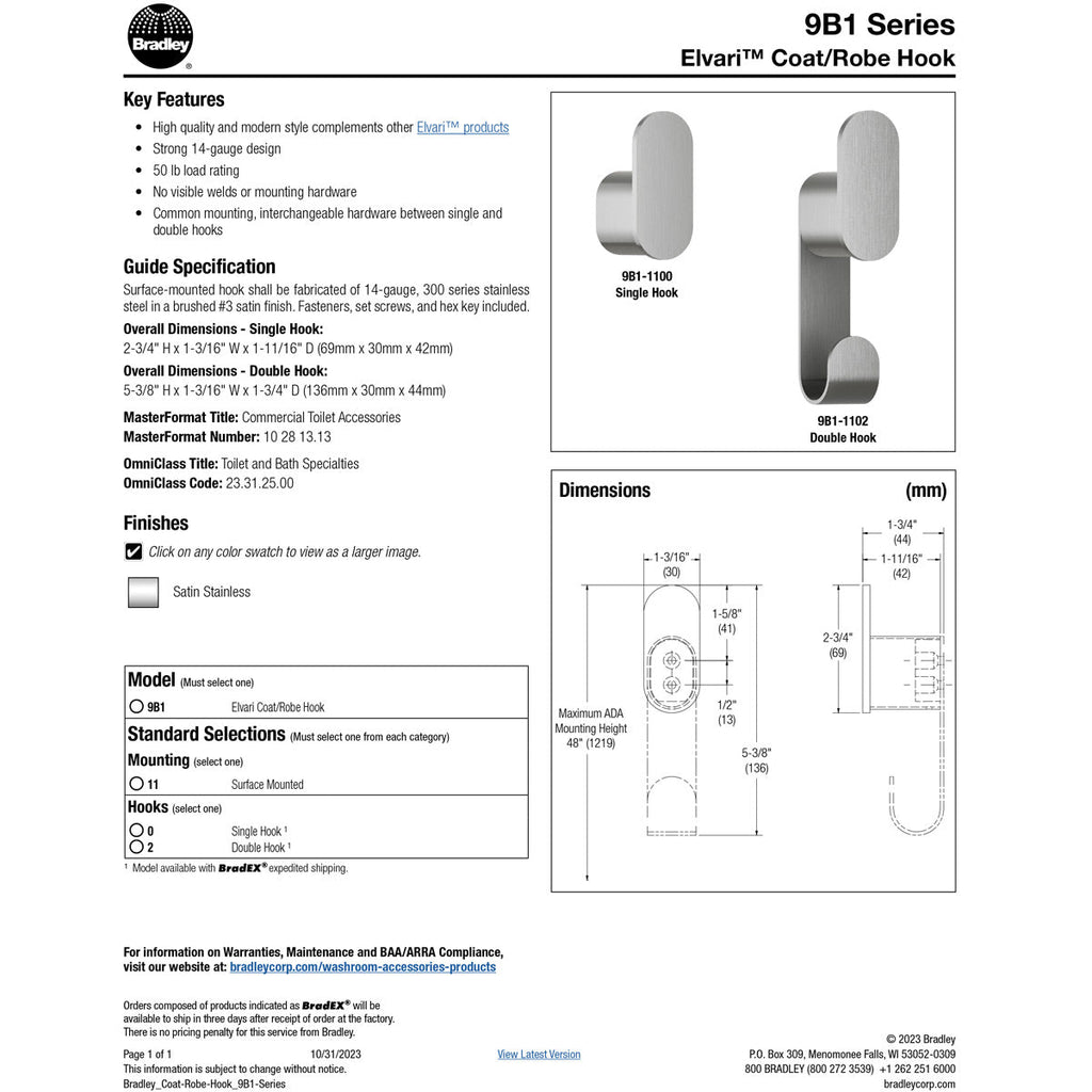 Bradley Elvari Series Robe Hook - Stainless-Surface Mounted, Double ...