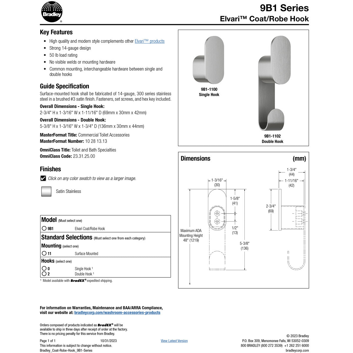 Bradley Elvari Series Robe Hook - Stainless-Surface Mounted, Double Hook - 9B1-110200 ...