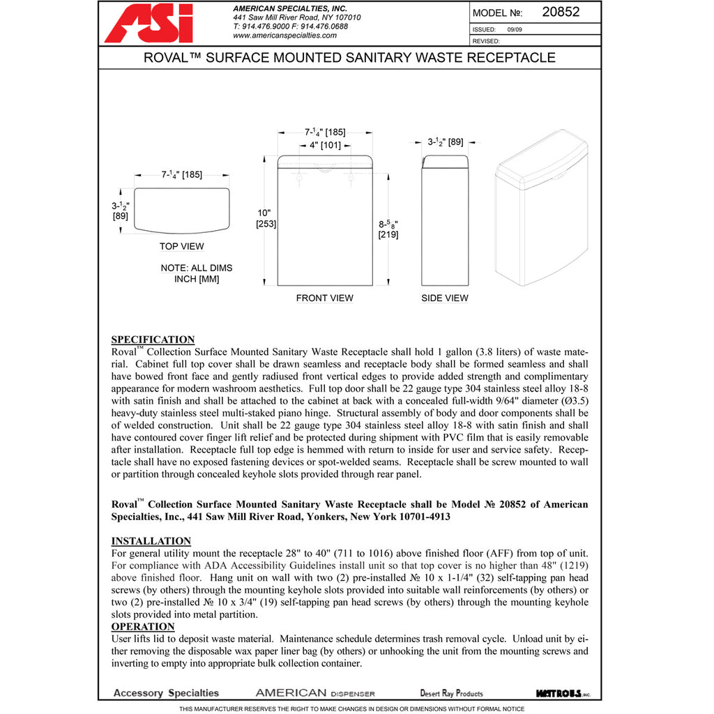 ASI 20852 Commercial Restroom Sanitary Napkin Disposal, Roval-Surface ...