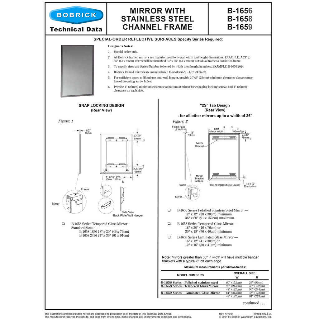 Bobrick B-1658 2436 Tempered Glass Channel Frame Mirror 24x36 ...