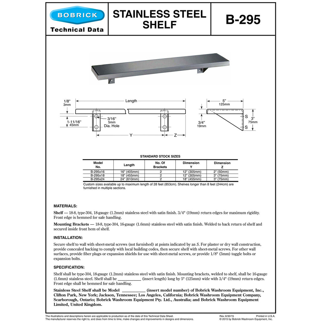 Bobrick B-295x24 Commercial Restroom Shelf, 5"W x 24"L, Stainless Steel ...