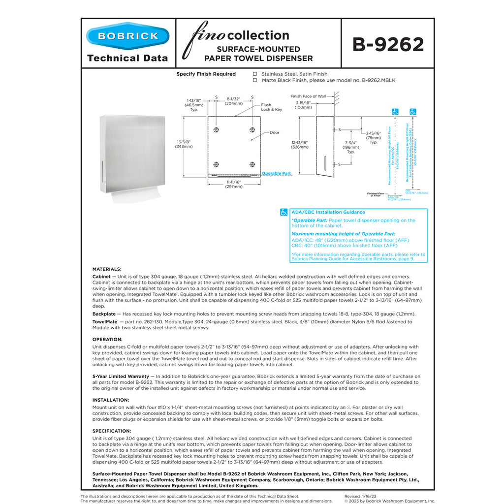 Bobrick 9262.MBLK FINO Paper Towel Dispenser, Matte Black Finish ...