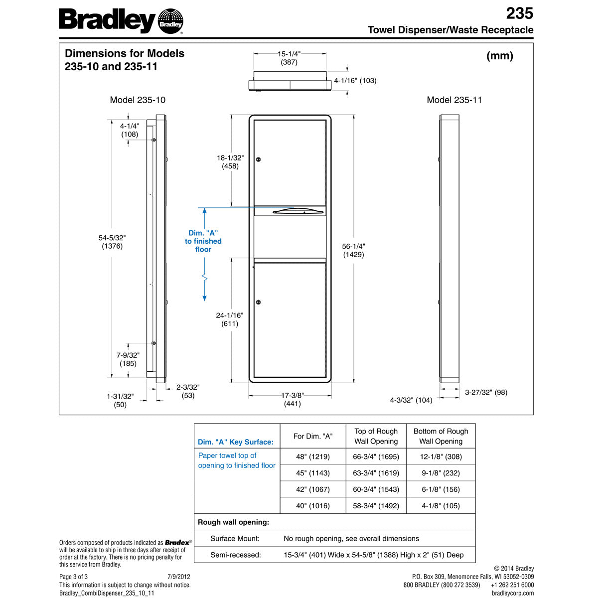 Bradley 235-00 Combination Towel Dispenser /Waste Receptacle, Recessed ...