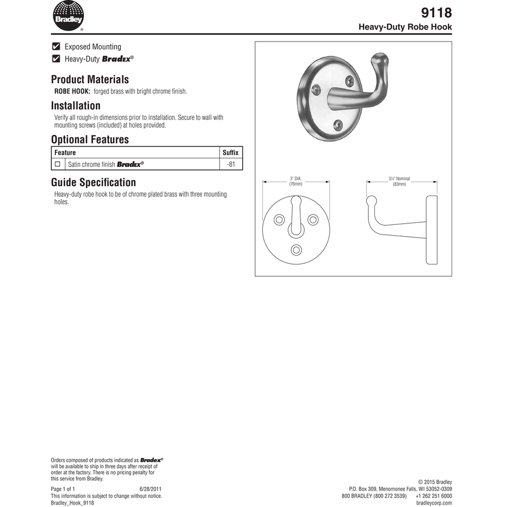 Bradley 9118 Commercial Restroom Single Robe Hook, Brass w/ Chrome ...