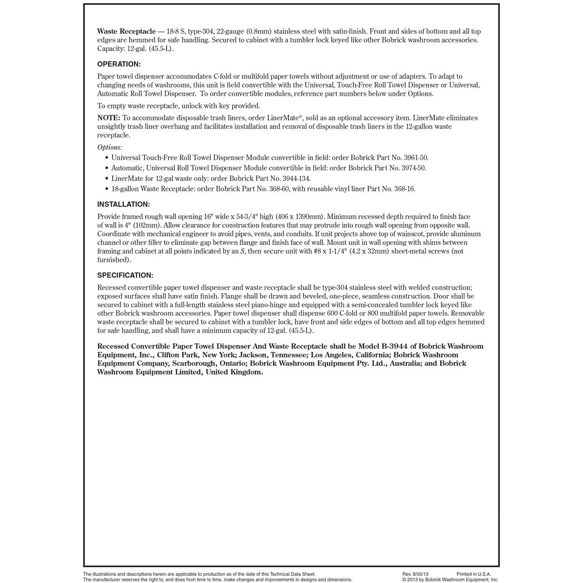 Bobrick B-3944 Combination Commercial Paper Towel Dispenser/Waste ...