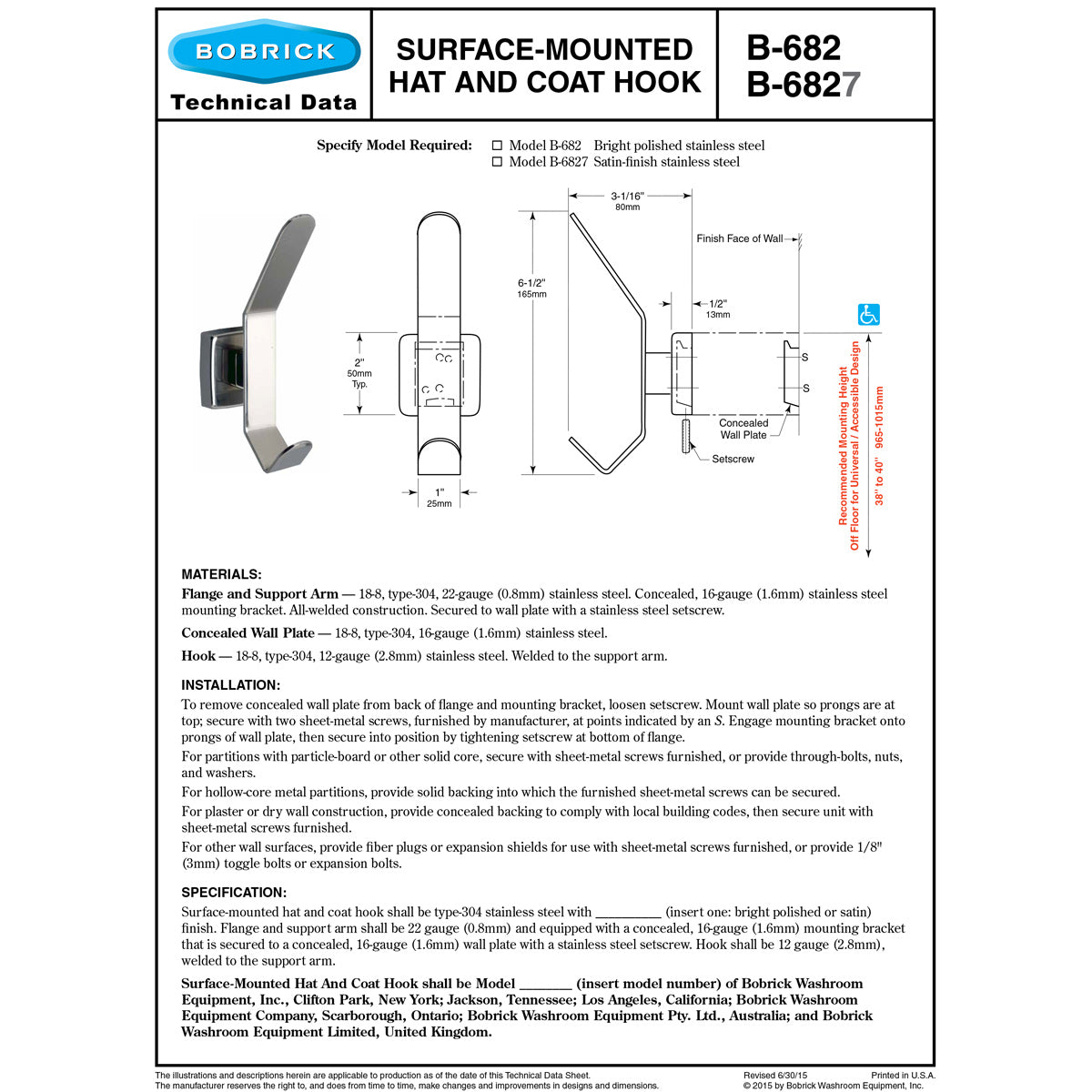 Bobrick B-6827 Commercial Heavy-Duty Hat & Coat Hook, 2" W x 6-1/2" H x ...