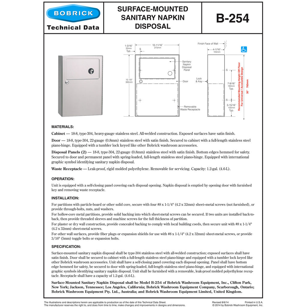 Bobrick B-254 Commercial Restroom Sanitary Napkin/Tampon Disposal ...