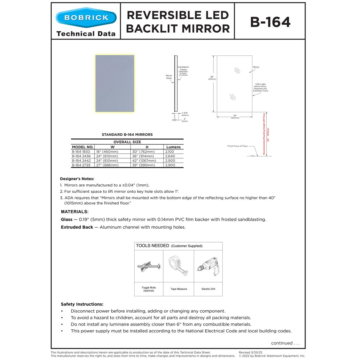 Bobrick B-164 2436 Reversible LED Backlit Mirror 24x36 | TotalRestroom.com