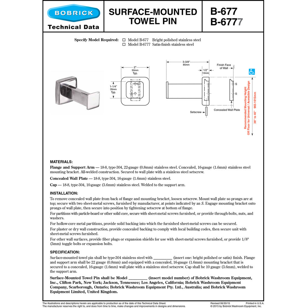 Bobrick B-6777 Commercial Robe & Towel Pin, Stainless Steel ...
