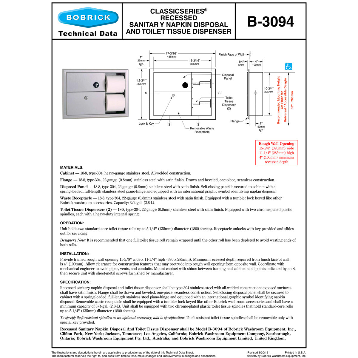 Bobrick B-3094 Combination Commercial Sanitary Napkin Disposal and ...