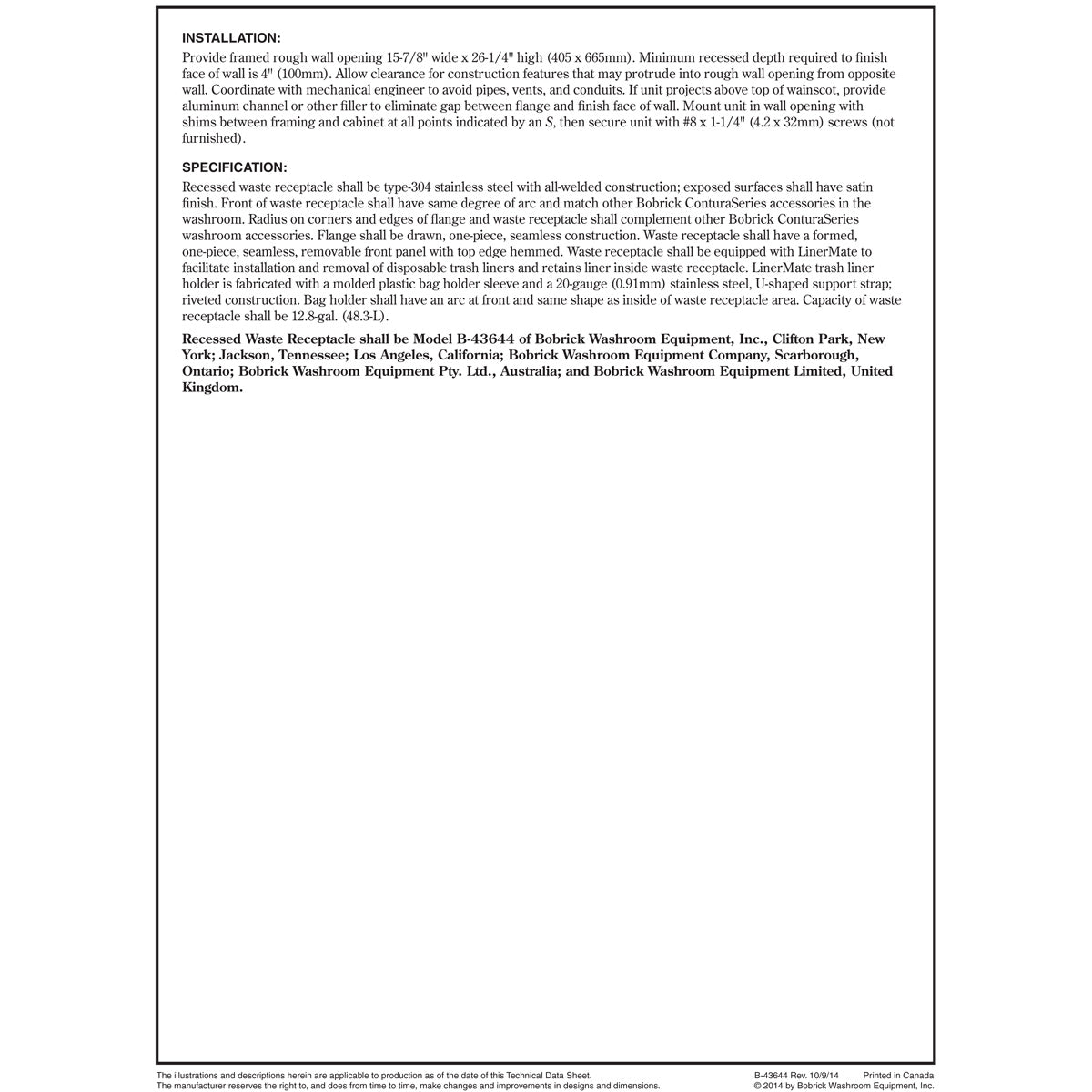 Bobrick B-43644 Commercial Restroom Sanitary Waste Bin, 12.8 Gallon ...