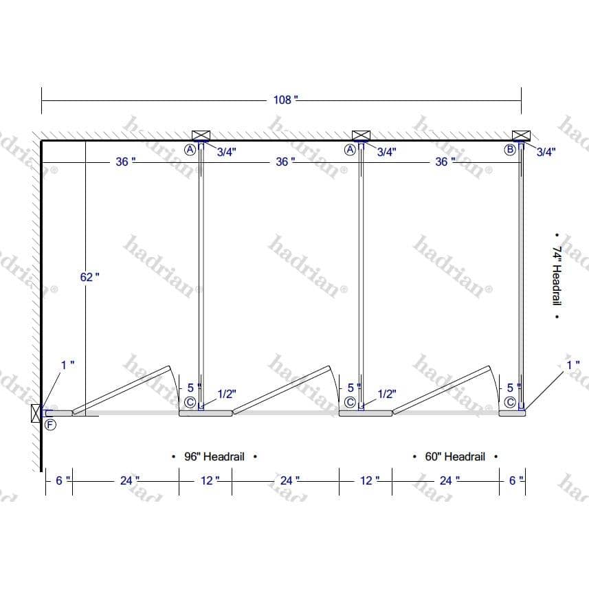 Hadrian Toilet Partition, 3 In Corner Compartments, Metal, 108"W x 61 1 ...